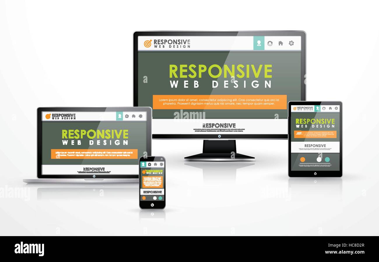 responsive web design concept in flat screen TV, tablet, smart phone ...