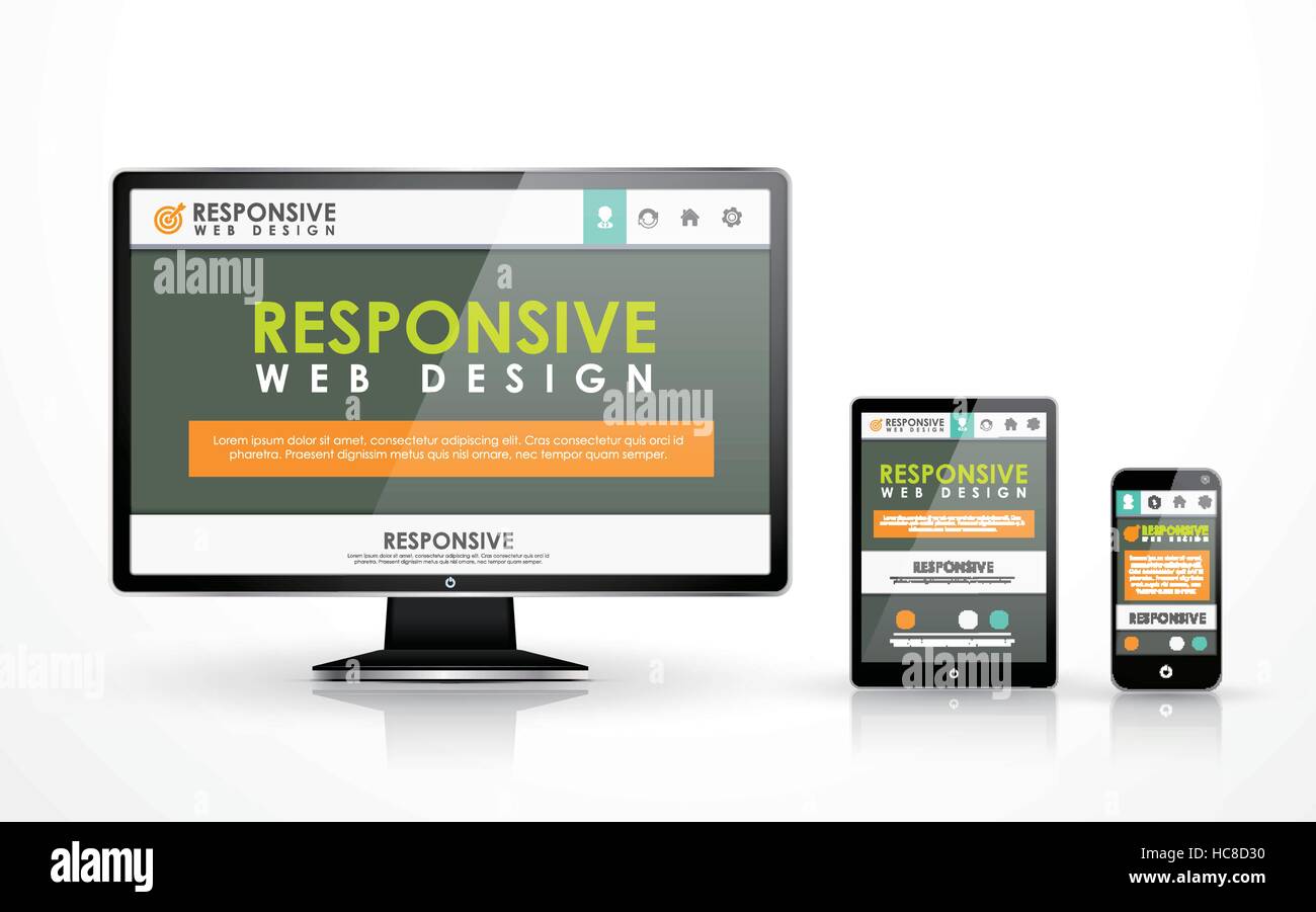responsive web design concept in flat screen TV, tablet and smart phone ...