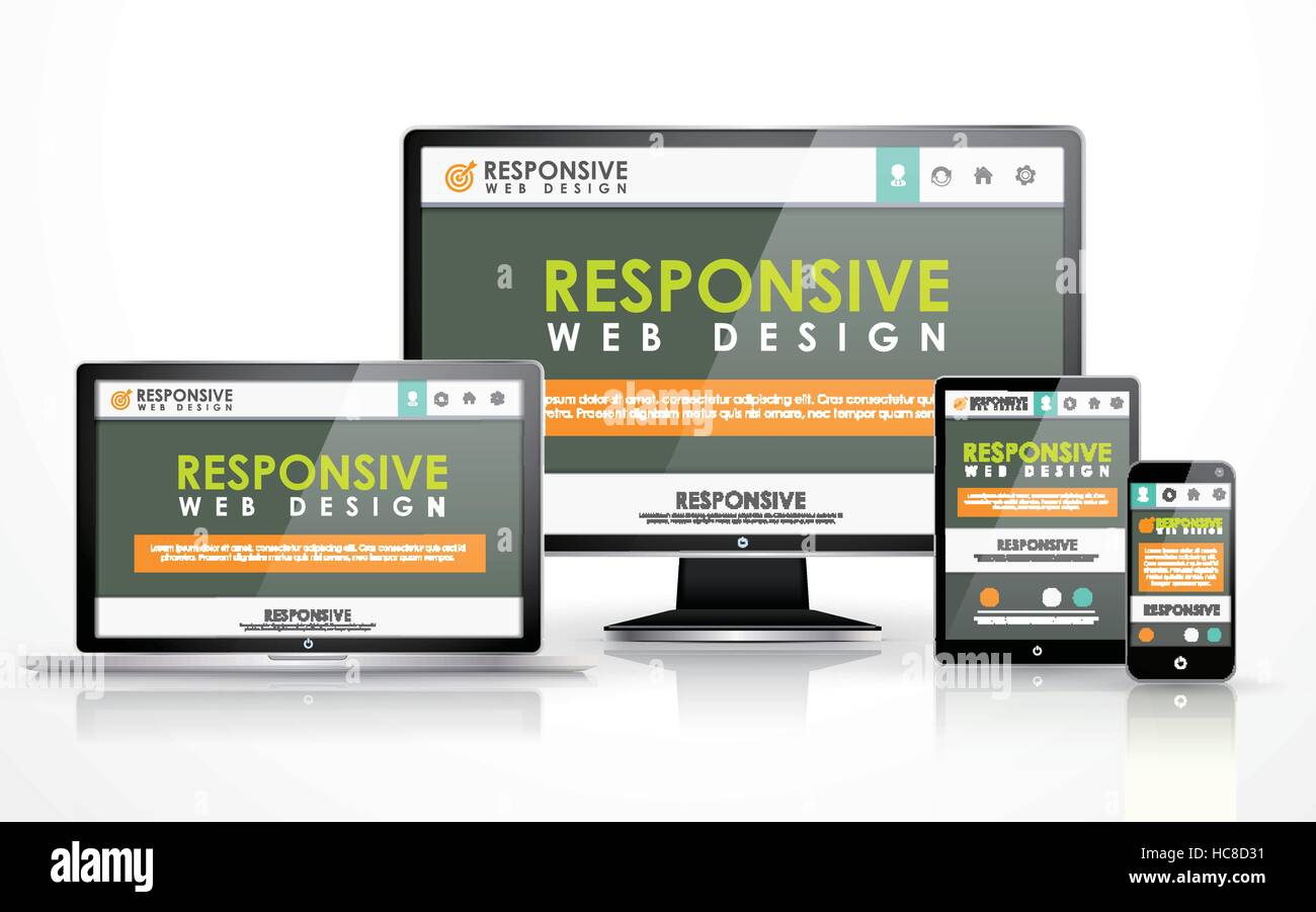 responsive web design concept in flat screen TV, tablet, smart phone ...