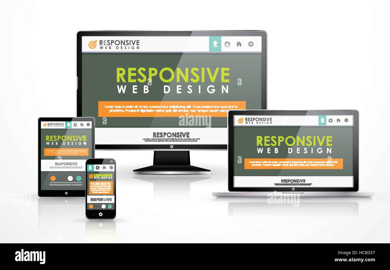 responsive web design concept in flat screen TV, tablet, smart phone ...