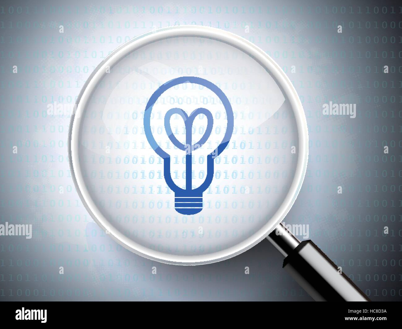 magnifying glass with blue light bulb icon on digital background Stock ...