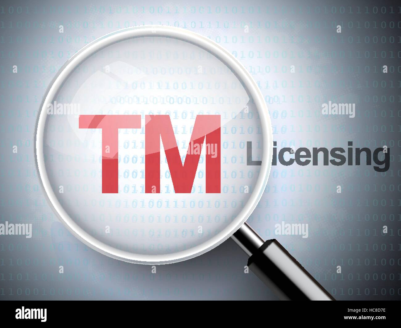 magnifying glass with trademark icon and licensing word on digital ...