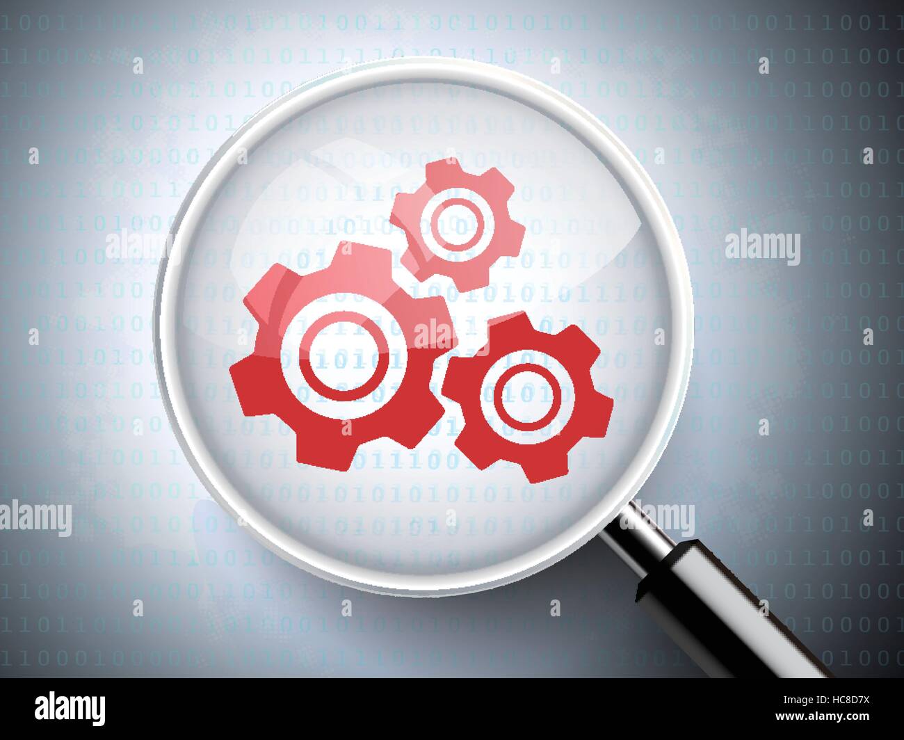 magnifying glass with gears icon on digital background Stock Vector ...