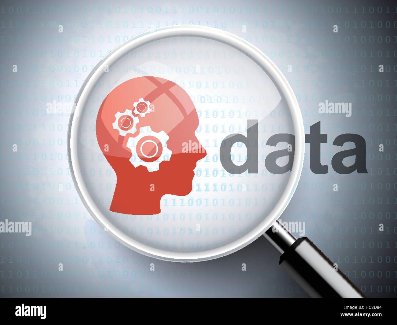 magnifying glass with gears on head icon and data word on digital ...