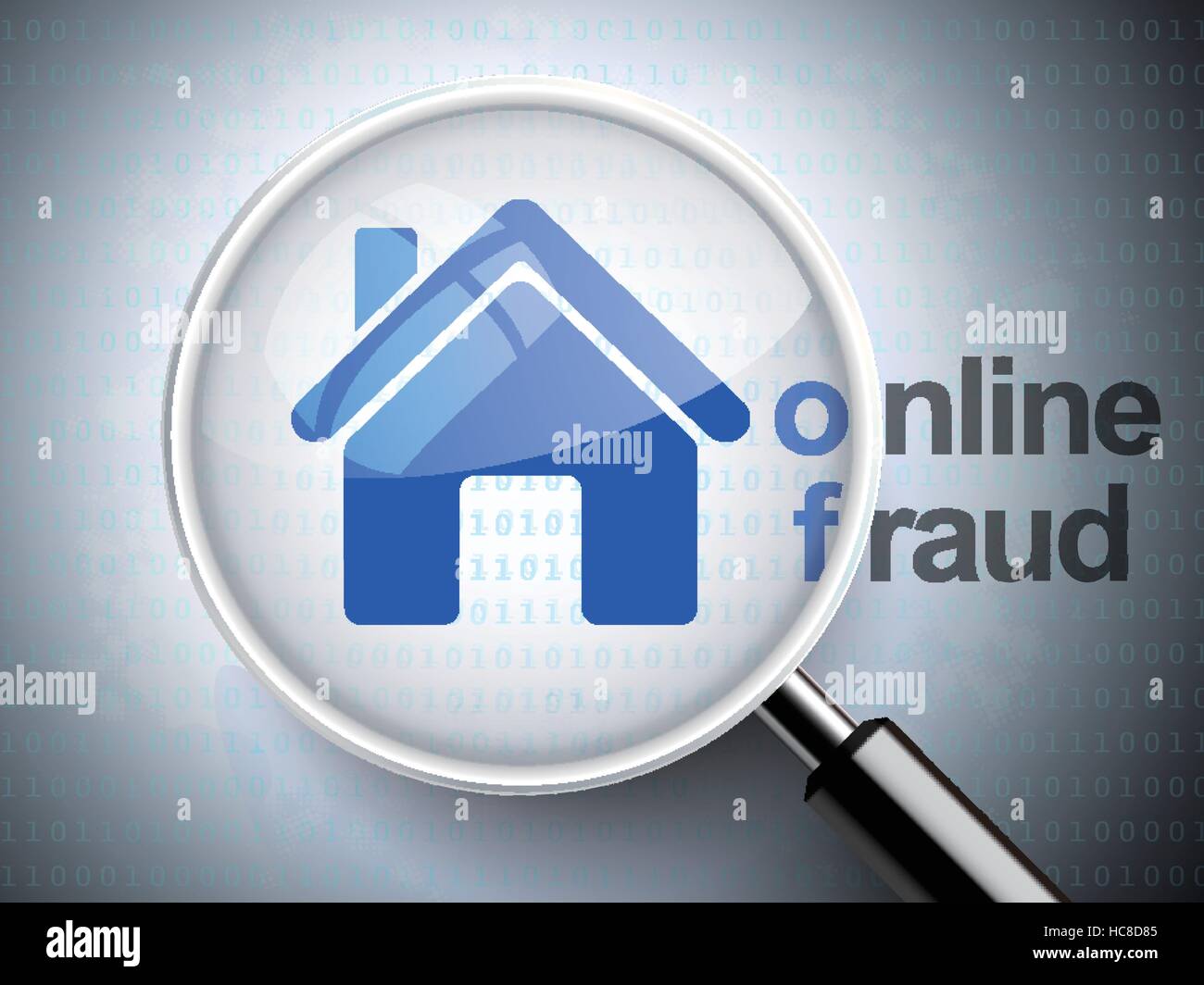 magnifying glass with home icon and online fraud word on digital ...