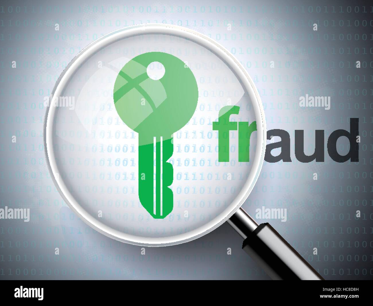 magnifying optical glass with key icon and fraud word on digital ...