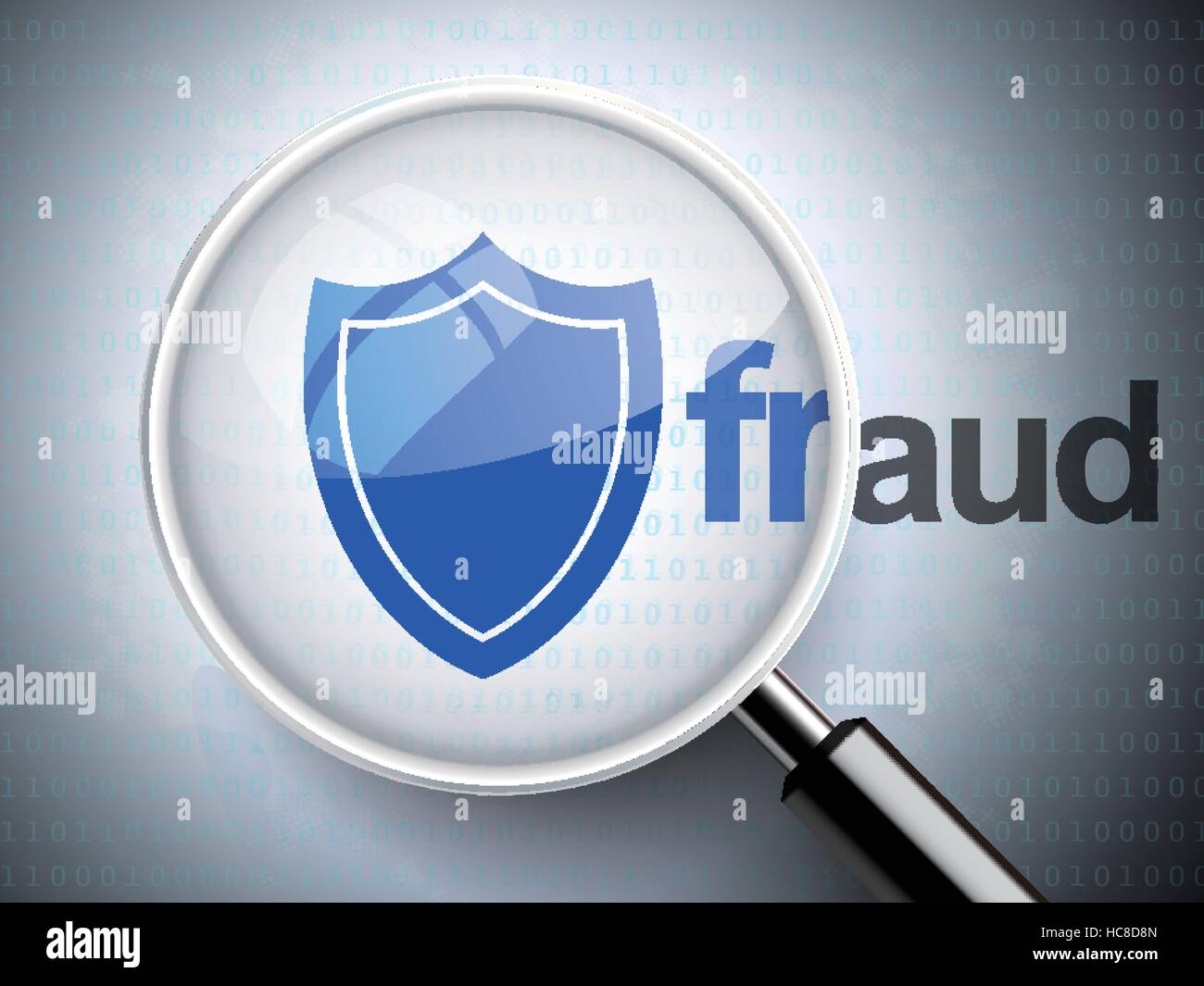 magnifying glass with shield icon and fraud word on digital background ...