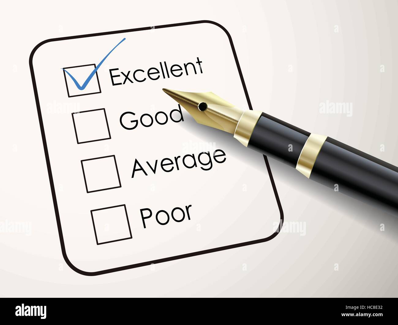 tick placed in excellent check box with fountain pen over check list ...