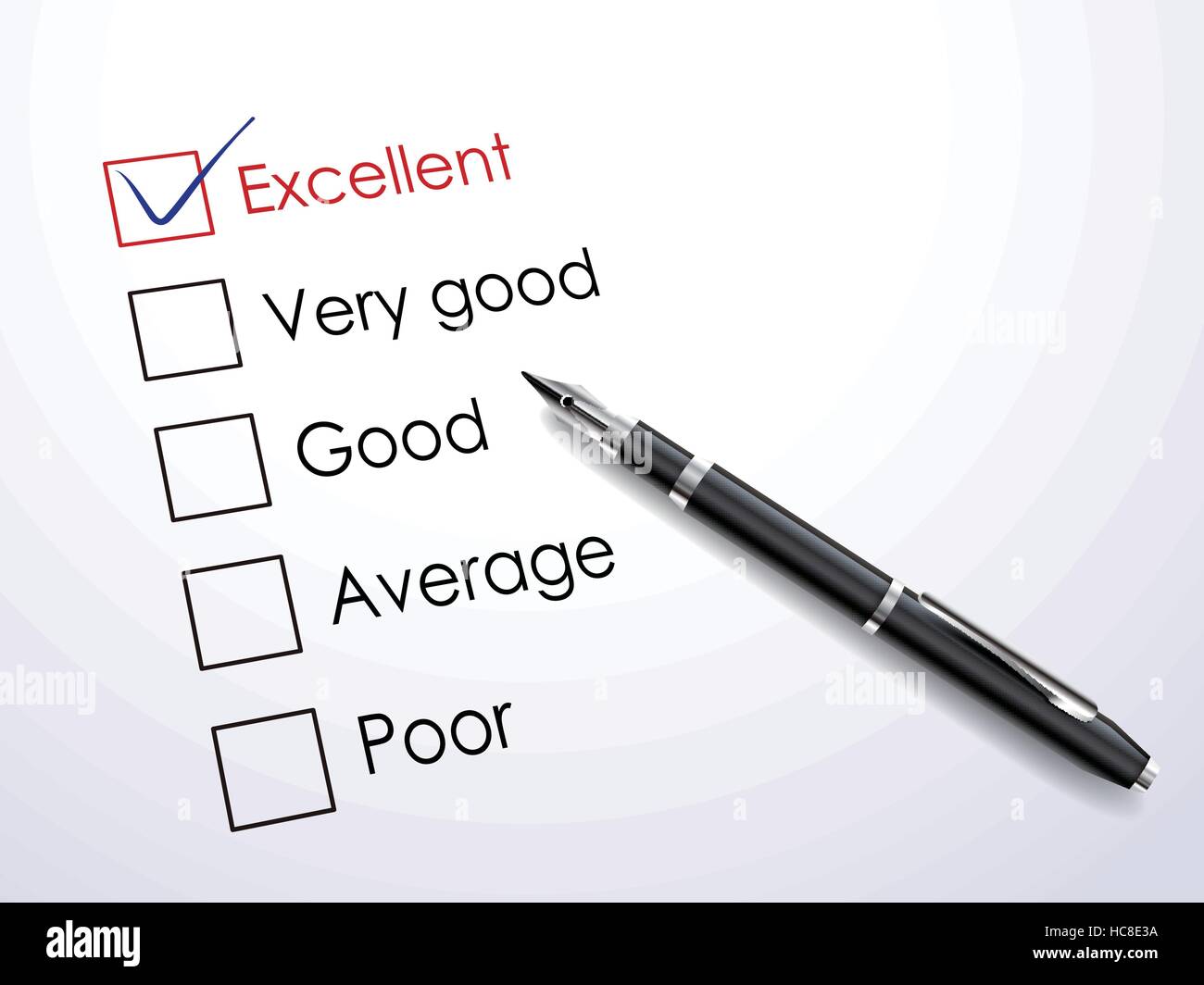 tick placed in excellent check box with black pen over check list Stock ...