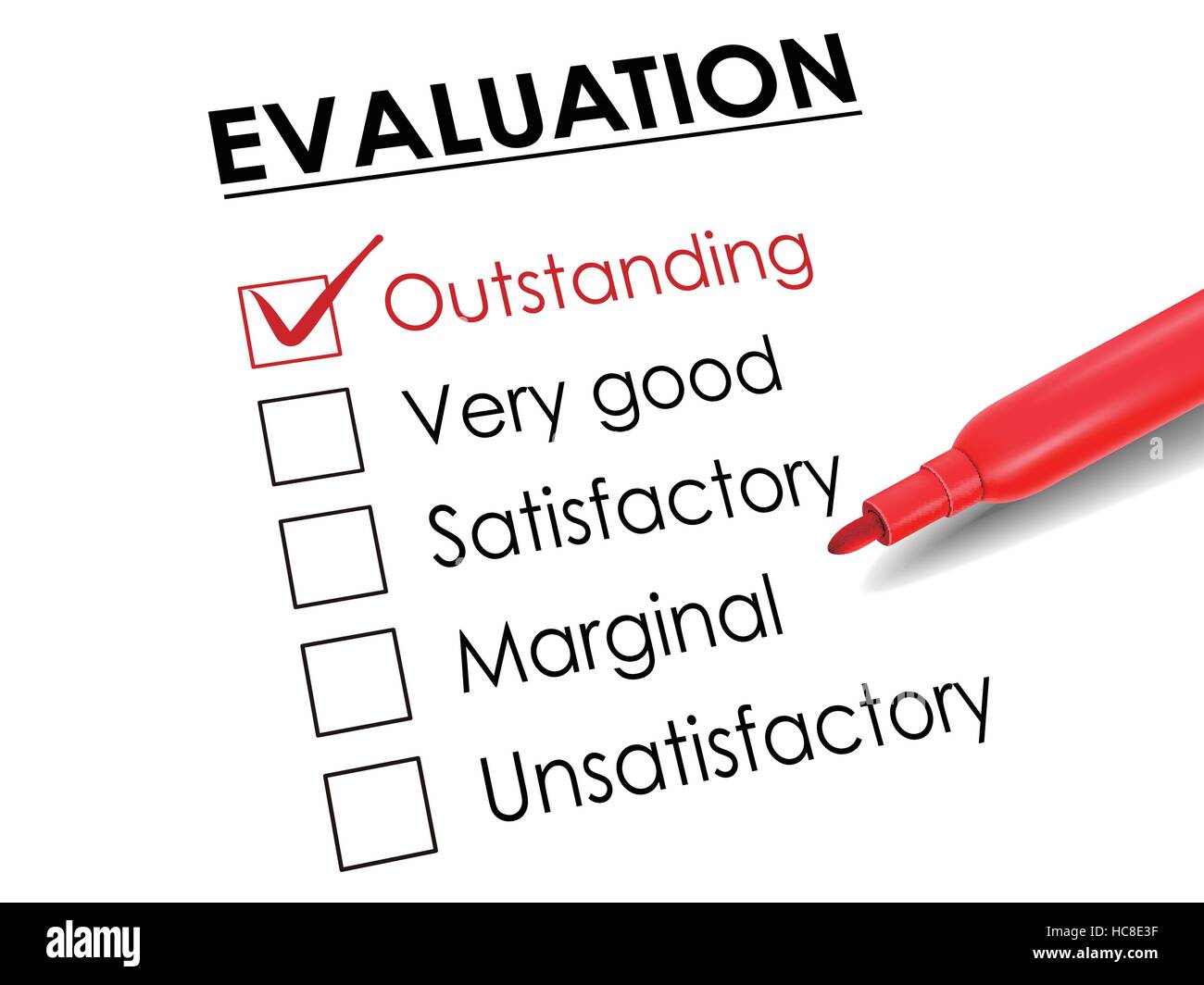 tick placed in outstanding check box with red pen over evaluation ...