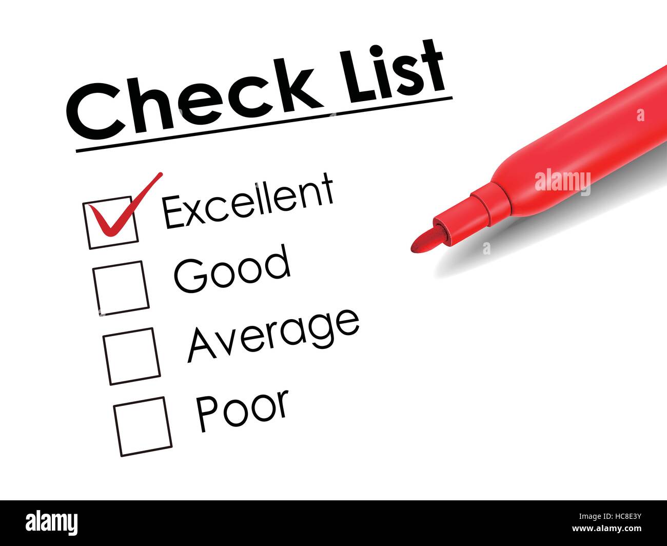 tick placed in excellent check box with red pen over check list Stock ...