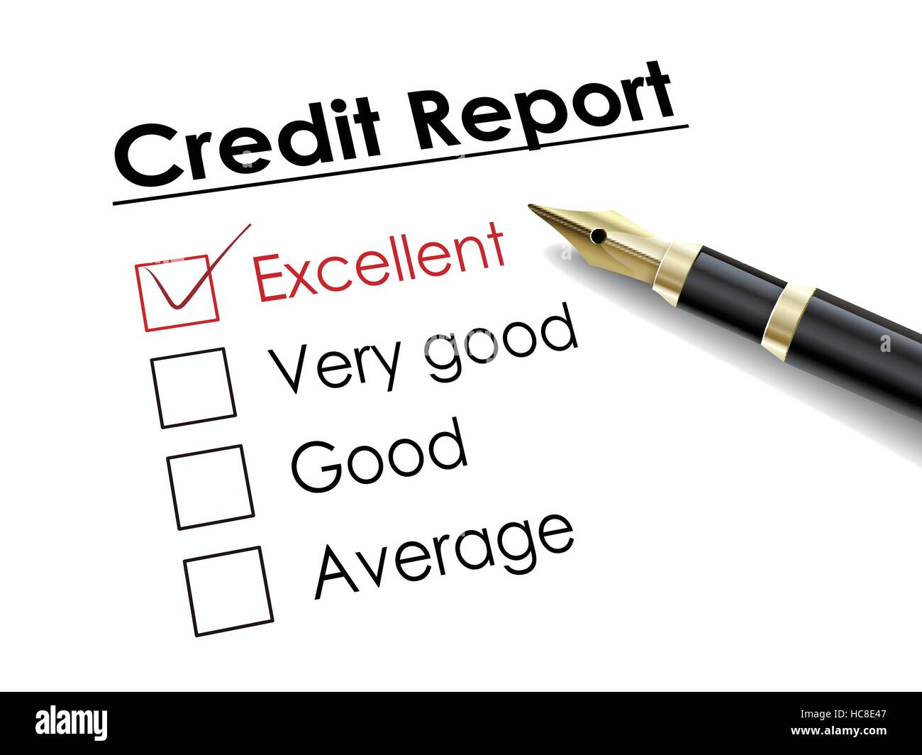 tick placed in excellent check box with fountain pen over credit report ...