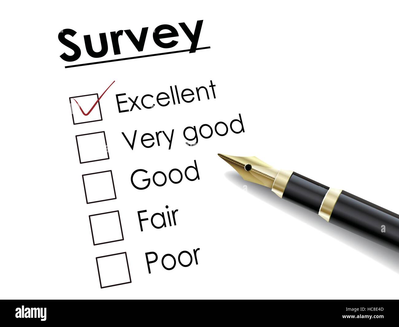 tick placed in excellent check box with fountain pen over survey paper ...