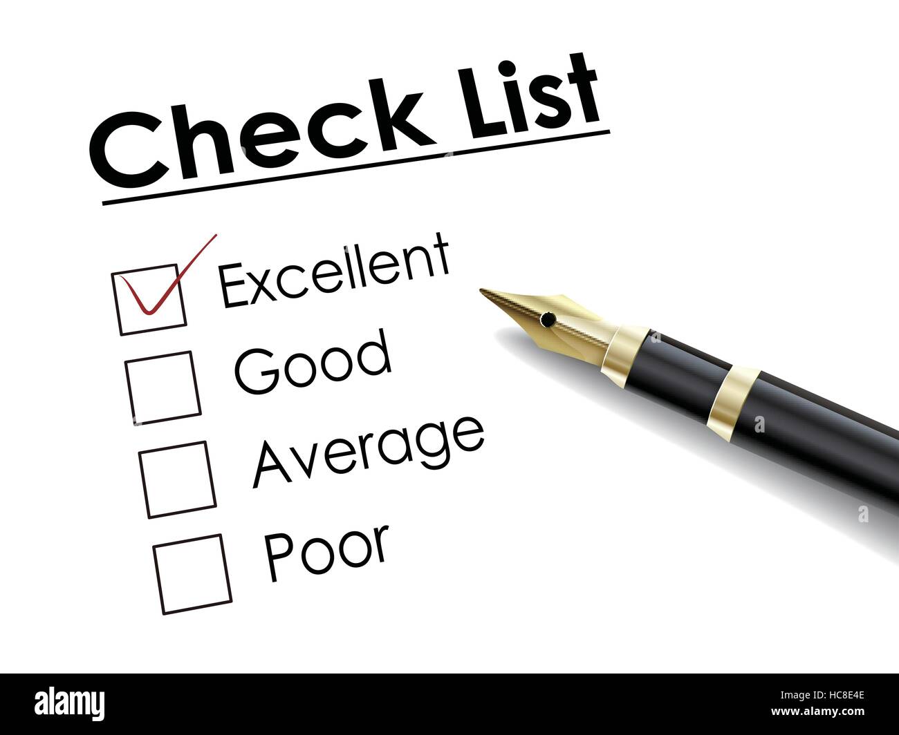 tick placed in excellent check box with fountain pen over check list ...