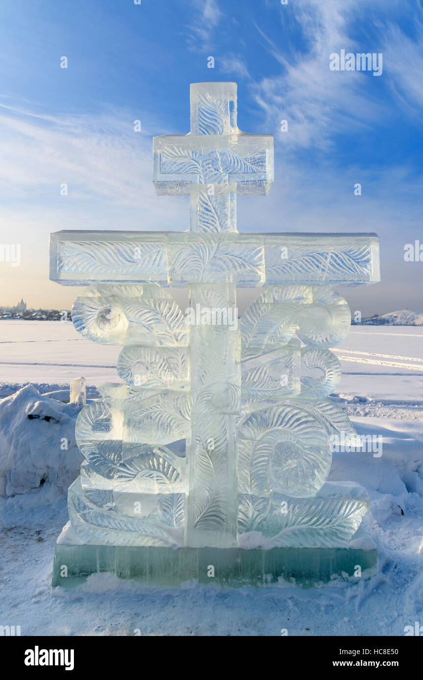 Ice cross in winter. Epiphany Orthodox holiday on a place of ice-hole ...