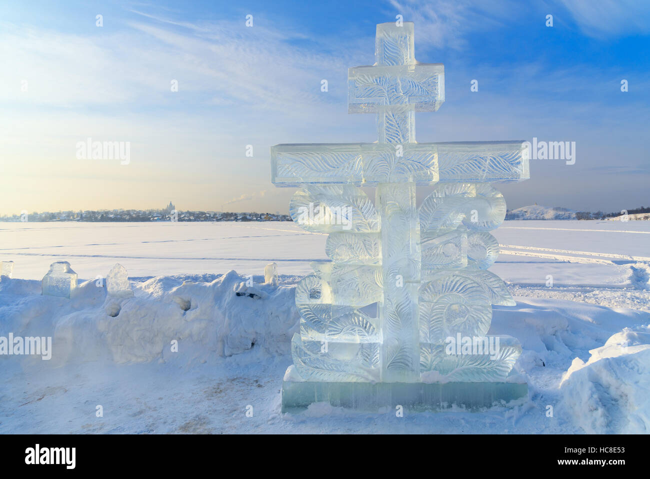 Ice cross in winter. Epiphany Orthodox holiday on a place of ice-hole ...