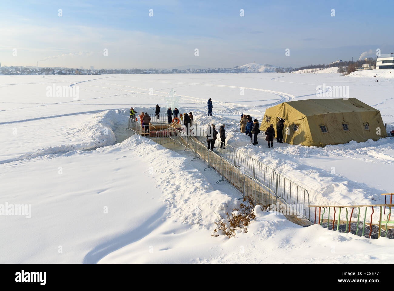 Ice-hole for bathing into cold water on Epiphany day. Russia Stock ...