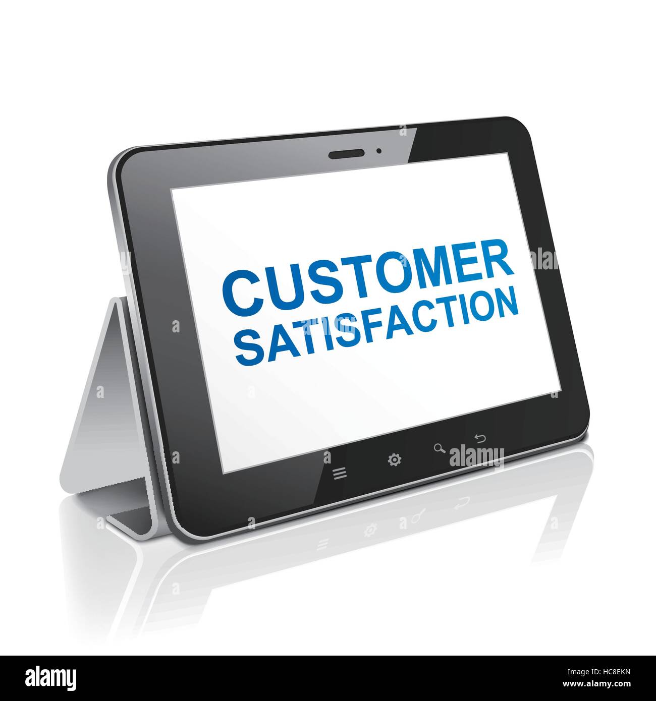 tablet computer with text customer satisfaction on display over white ...