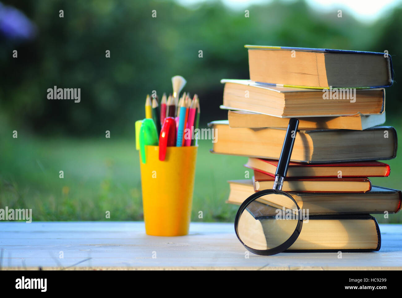 educaion back school book stack page outdoor Stock Photo - Alamy