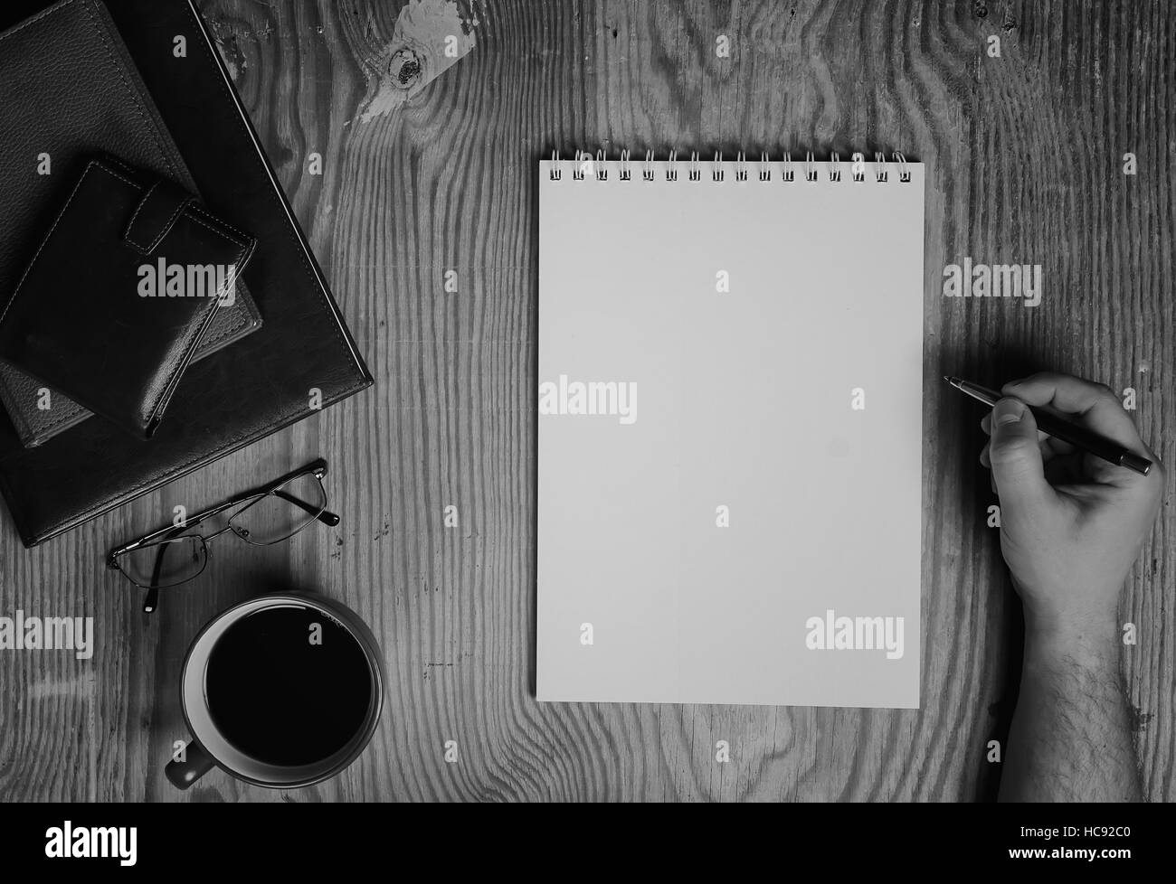 monochrome notebook paper writing tools Stock Photo - Alamy
