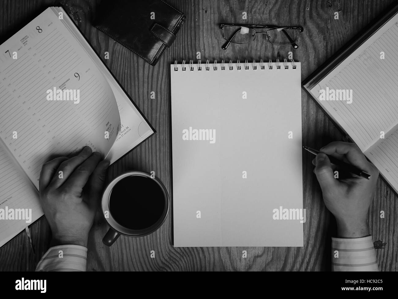 monochrome notebook paper writing tools Stock Photo - Alamy