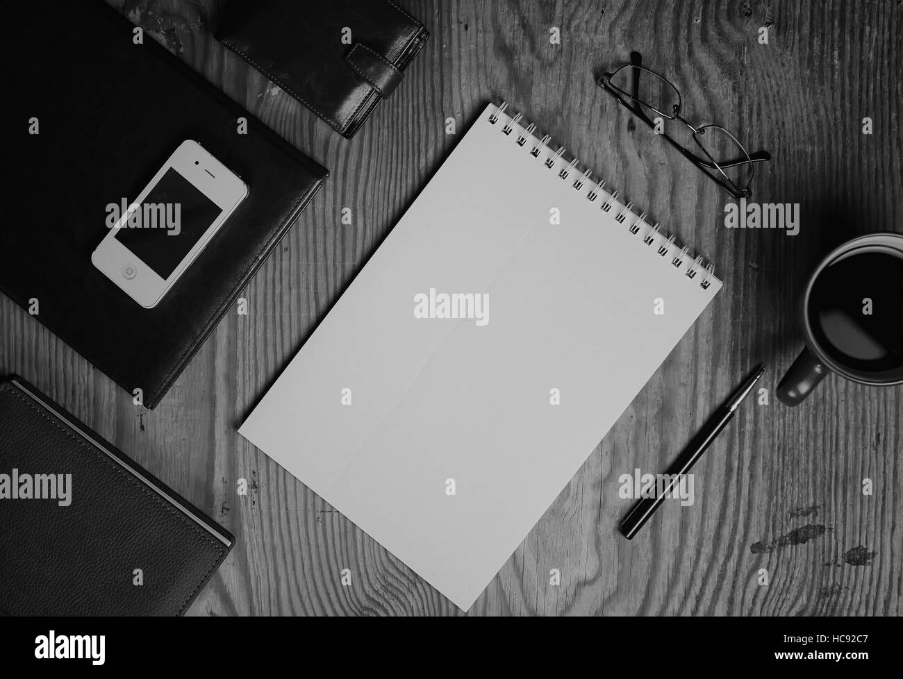 monochrome notebook paper writing tools Stock Photo - Alamy