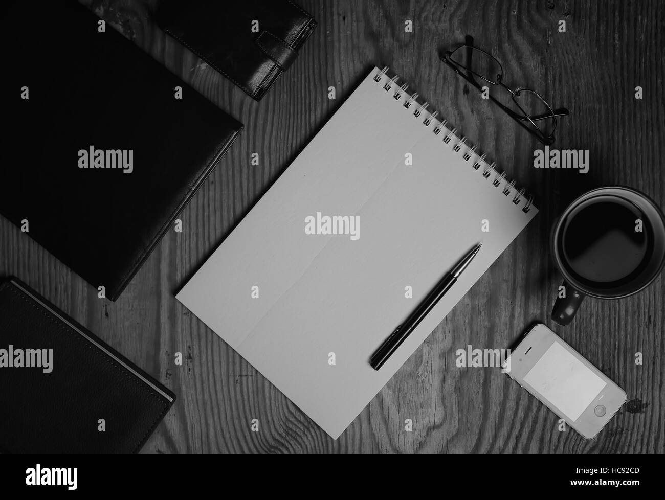 monochrome notebook paper writing tools Stock Photo - Alamy