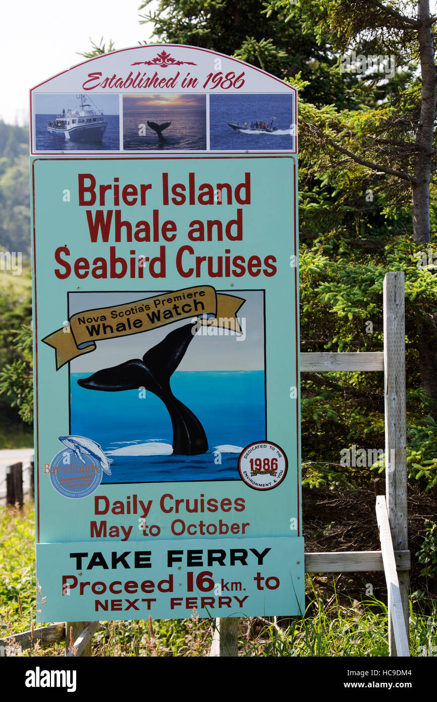 A sign for Brier Island whale and sea bird cruises in Nova Scotia ...