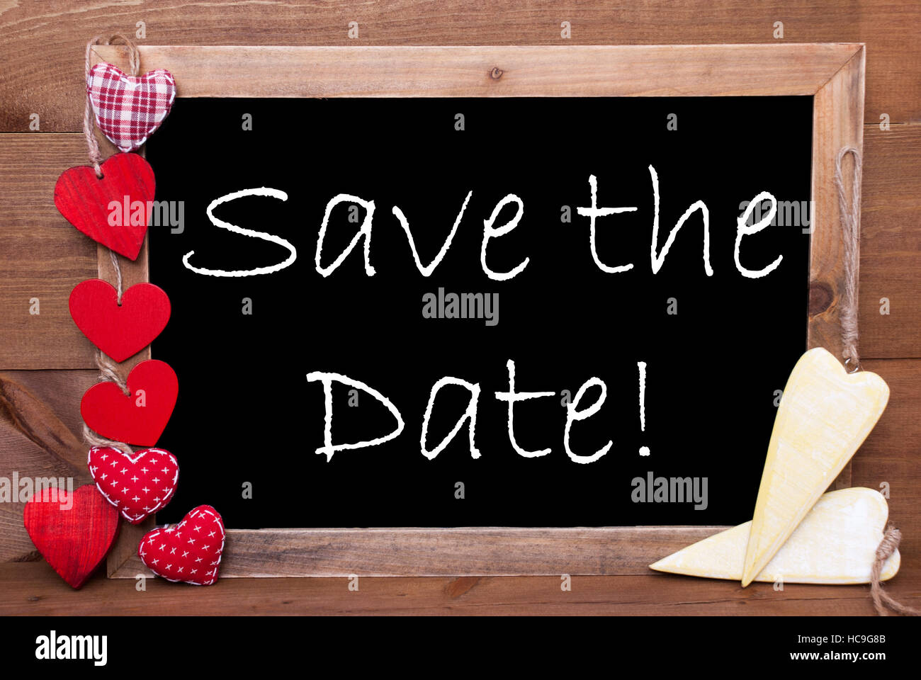 Chalkbord, Red And Yellow Hearts, Text Save The Date Stock Photo - Alamy