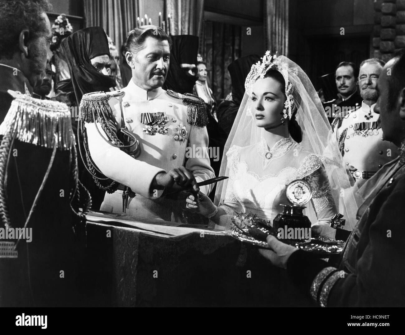 THE WORLD IN HIS ARMS, from left: Carl Esmond, Ann Blyth, Sig Ruman ...