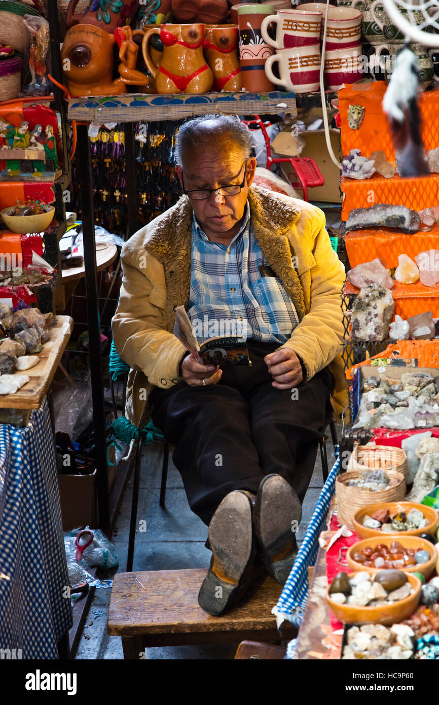 A vendor reading in the large covered HIDALGO MARKET - GUANAJUATO ...
