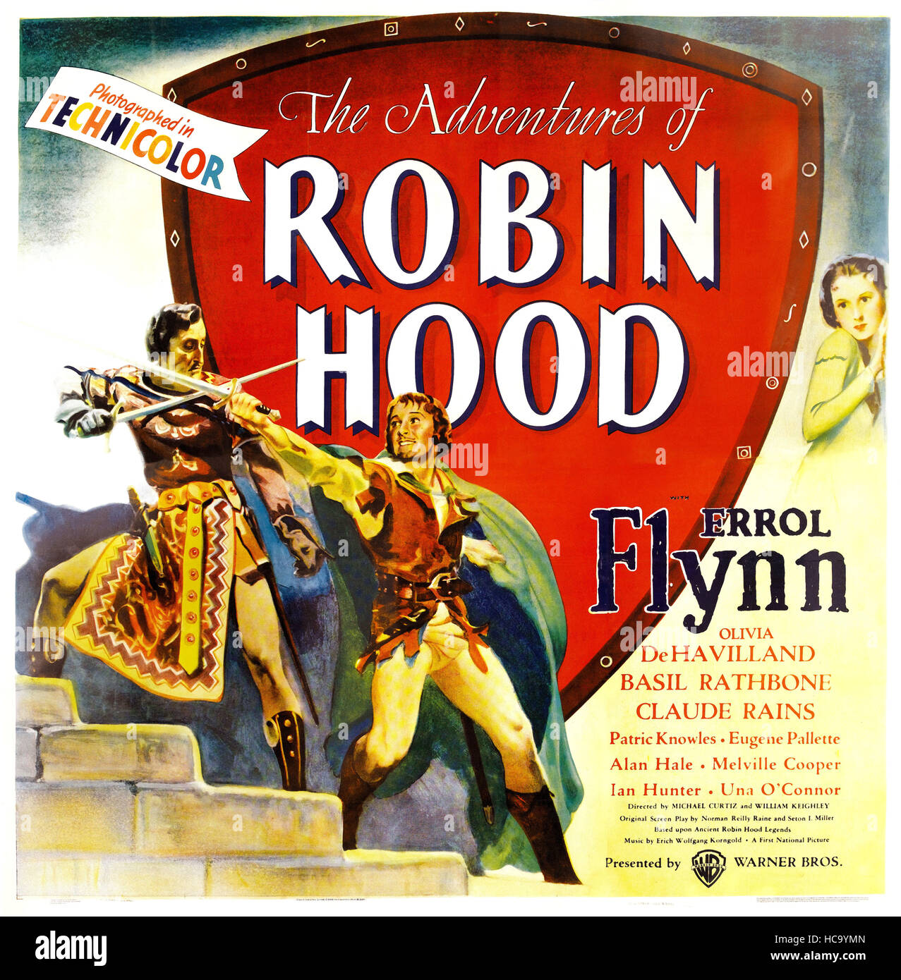 THE ADVENTURES OF ROBIN HOOD, from left: Basil Rathbone, Errol Flynn ...