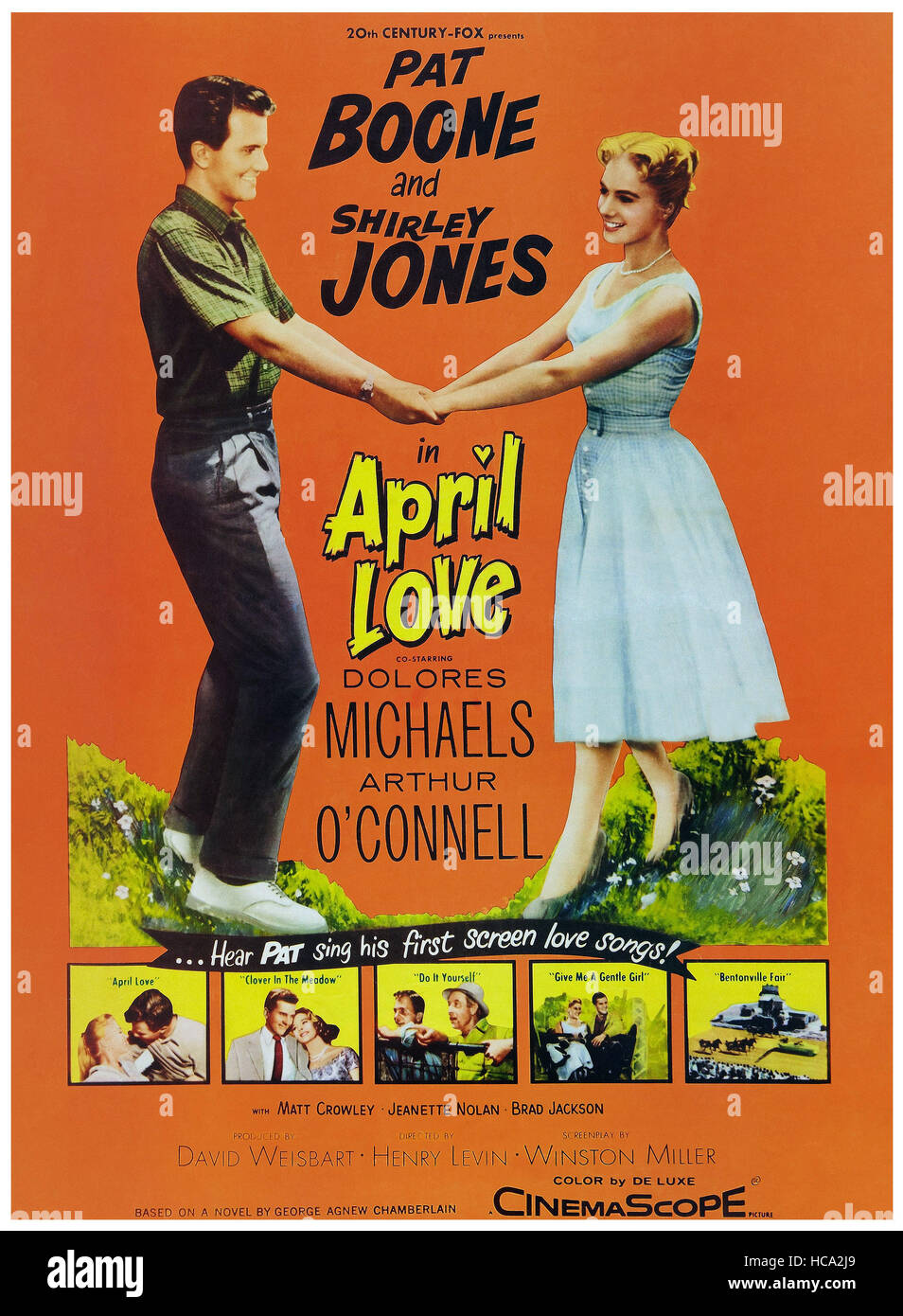 APRIL LOVE, US poster art, from left: Pat Boone, Shirley Jones, 1957 ...