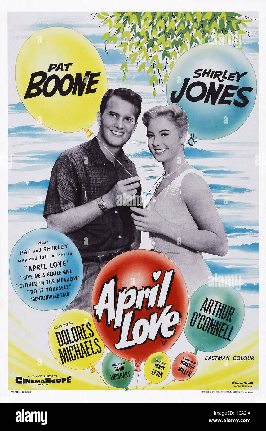 APRIL LOVE, l-r: Pat Boone, Shirley Jones on British poster art, 1957 ...