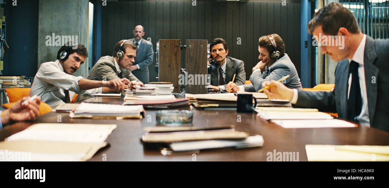 BLACK MASS, David Harbour (seated, left of center), Adam Scott (right ...