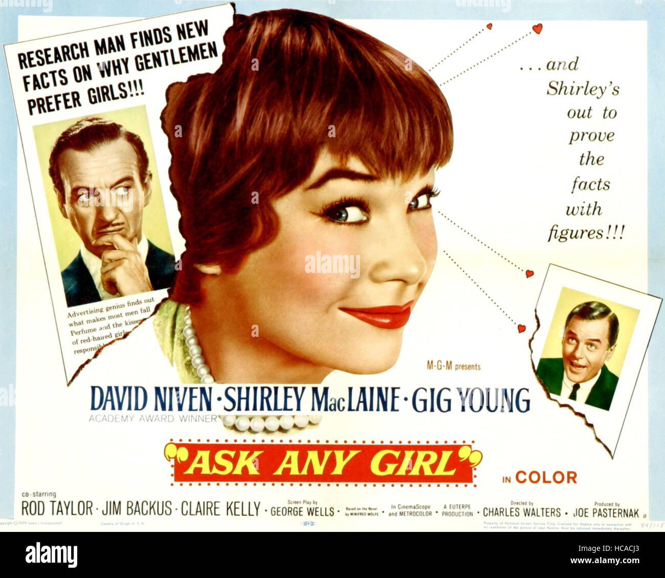 ASK ANY GIRL, l-r: David Niven, Shirley MacLaine, Gig Young on poster art, 1959 Stock Photo - Alamy