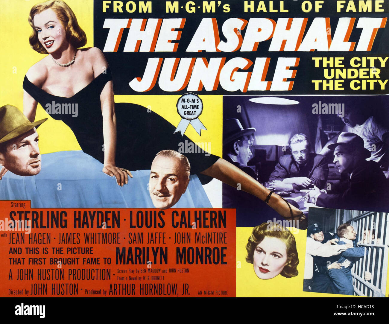 THE ASPHALT JUNGLE, l-r: Sterling Hayden, Marilyn Monroe, Louis Calhern, Jean Hagen on poster ...