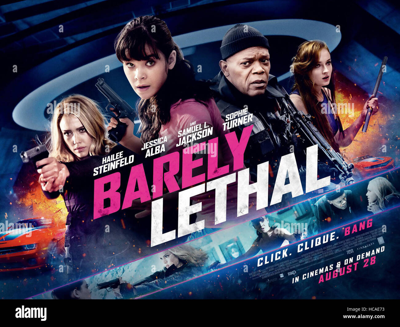 BARELY LETHAL, British poster art, top from left: Jessica Alba, Hailee Steinfeld, Samuel L ...
