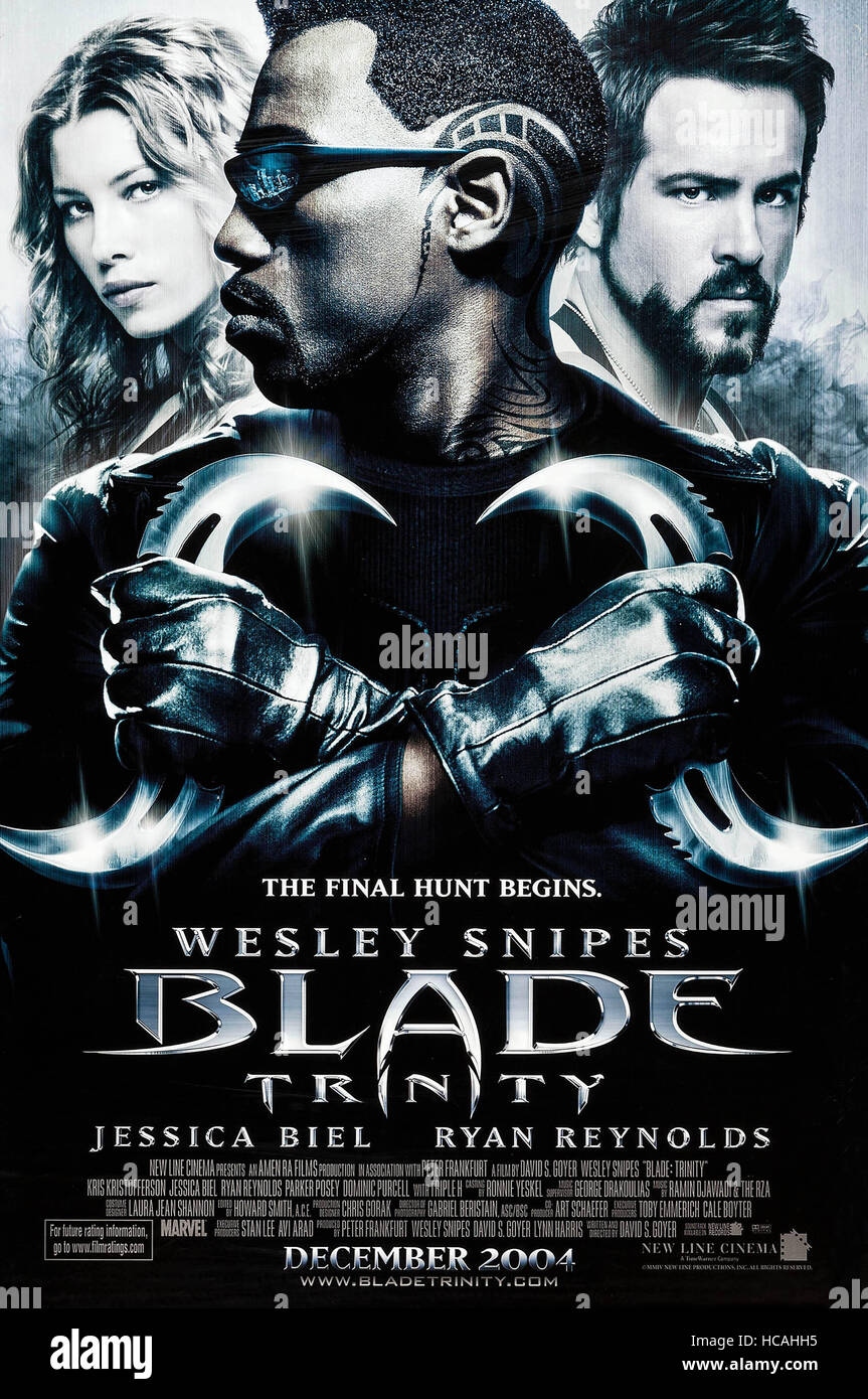 BLADE: TRINITY, US advance poster art, from left: Jessica Biel, Wesley Snipes, Ryan Reynolds ...
