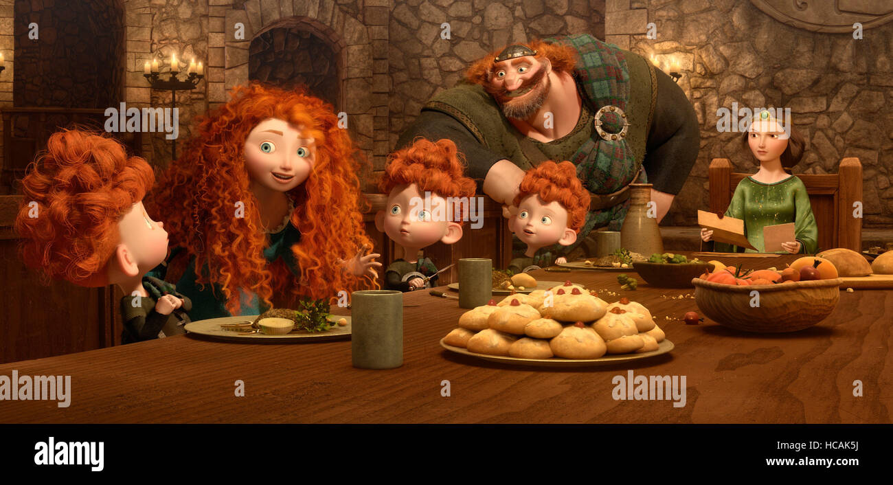 BRAVE, from left: Harris, Merida (voice: Kelly Macdonald), Hubert ...
