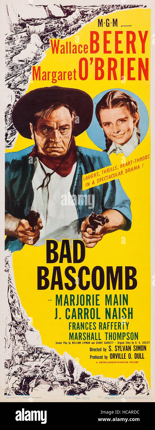 BAD BASCOMB, l-r: Wallace Beery, Margaret O'Brien on insert poster art ...