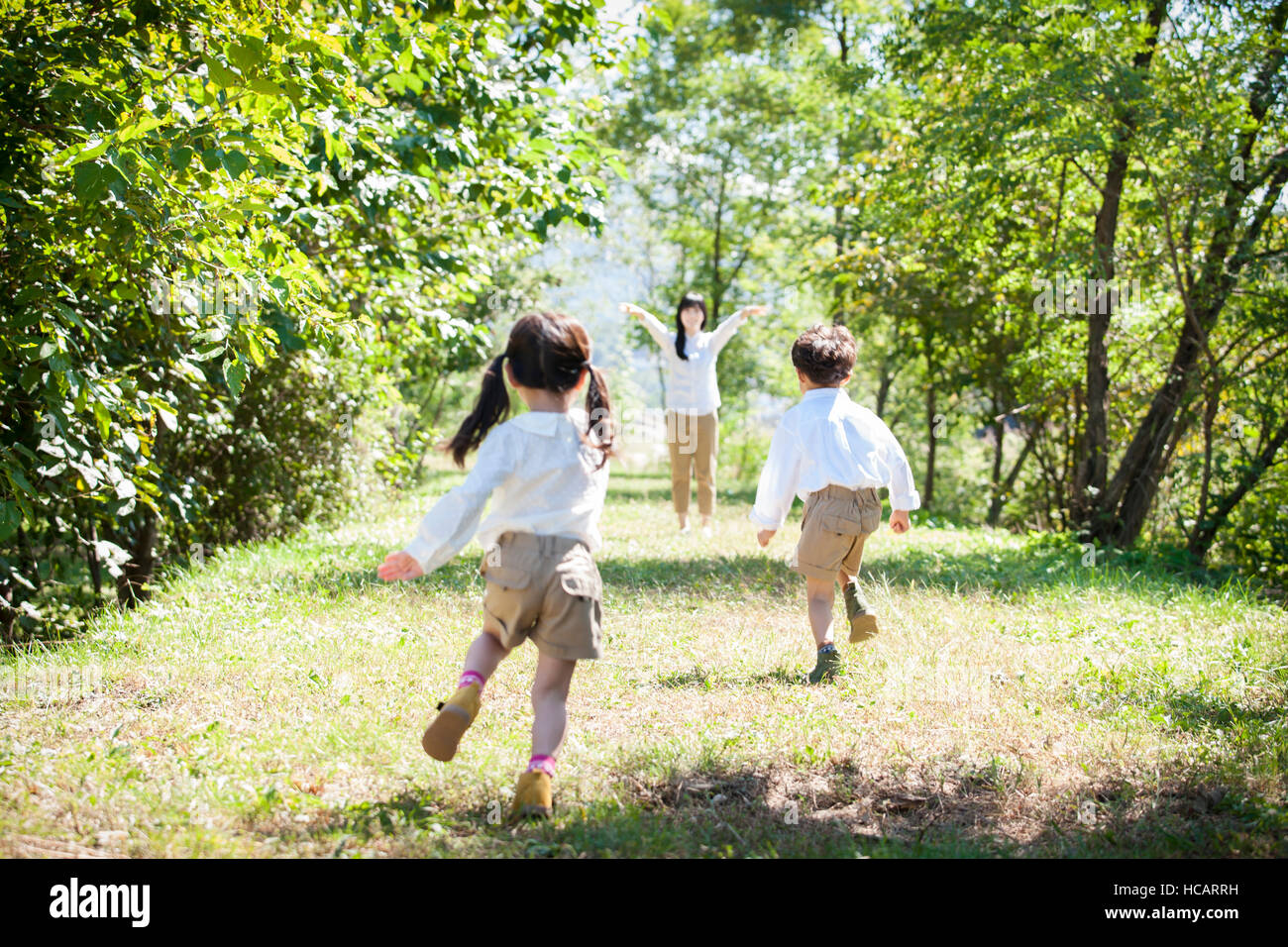 Back of son and daughter running to their mother in the open air Stock ...