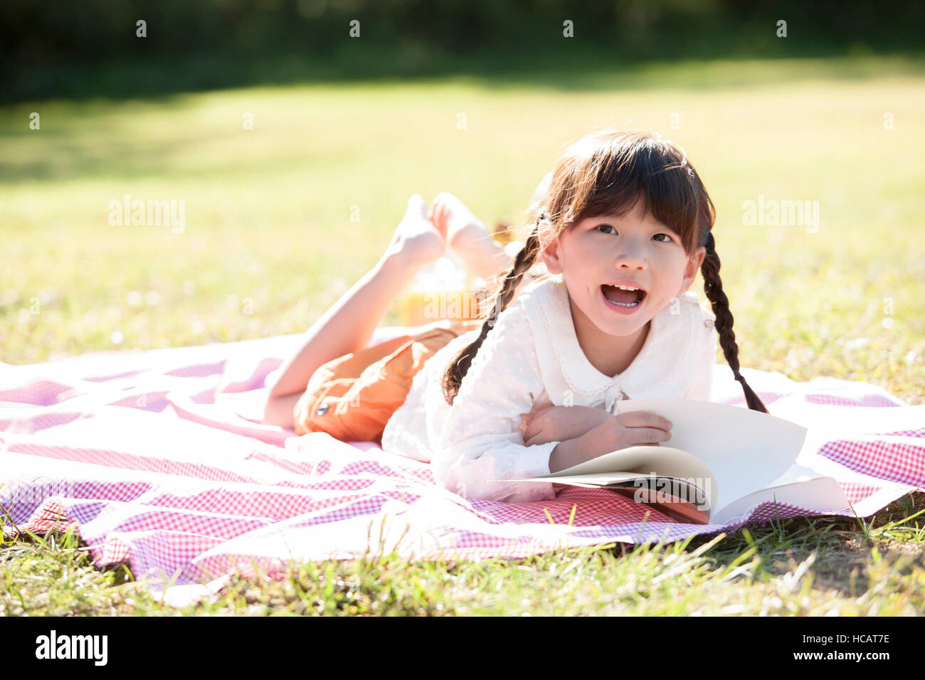 Smiling girl lying face down reading a book looking up during picnic ...