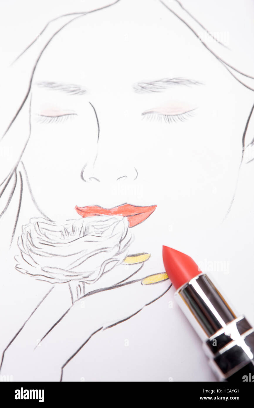 Drawing of young woman's face with red lipstick Stock Photo - Alamy