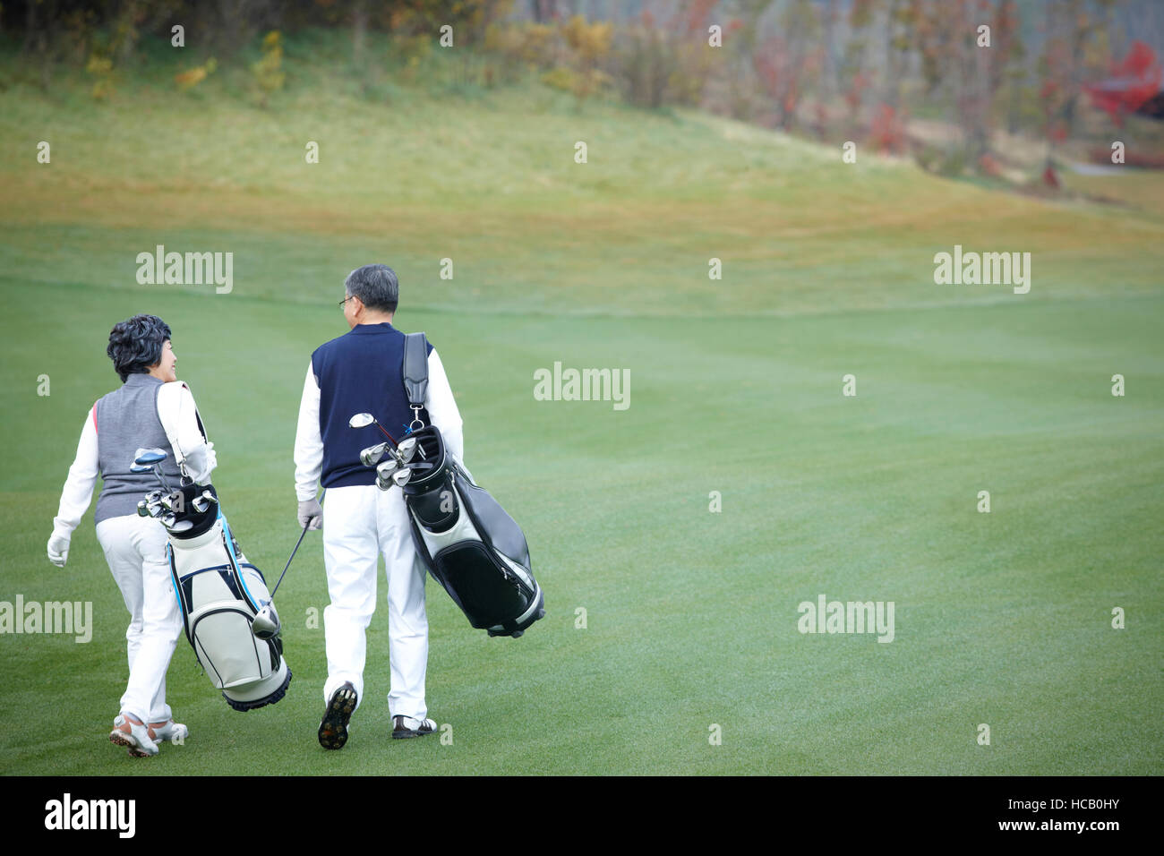 Back of senior couple golfers walking in field Stock Photo - Alamy