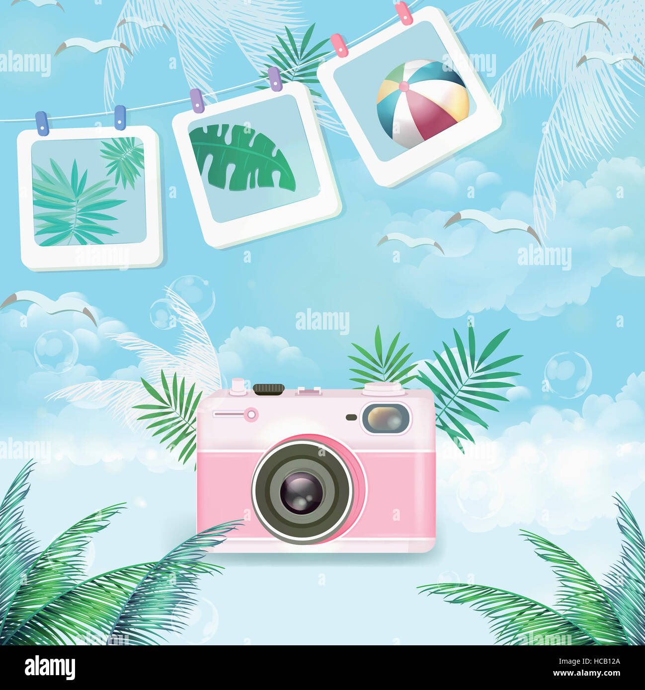Background of summer vacation with photos and camera Stock Photo - Alamy
