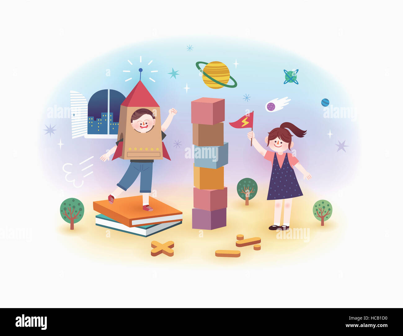 Children playing with rocket and blocks Stock Photo - Alamy