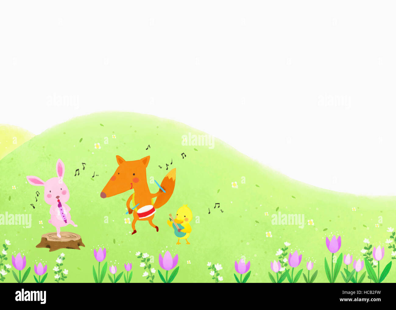 Rabbit and fox playing instruments on spring field Stock Photo - Alamy