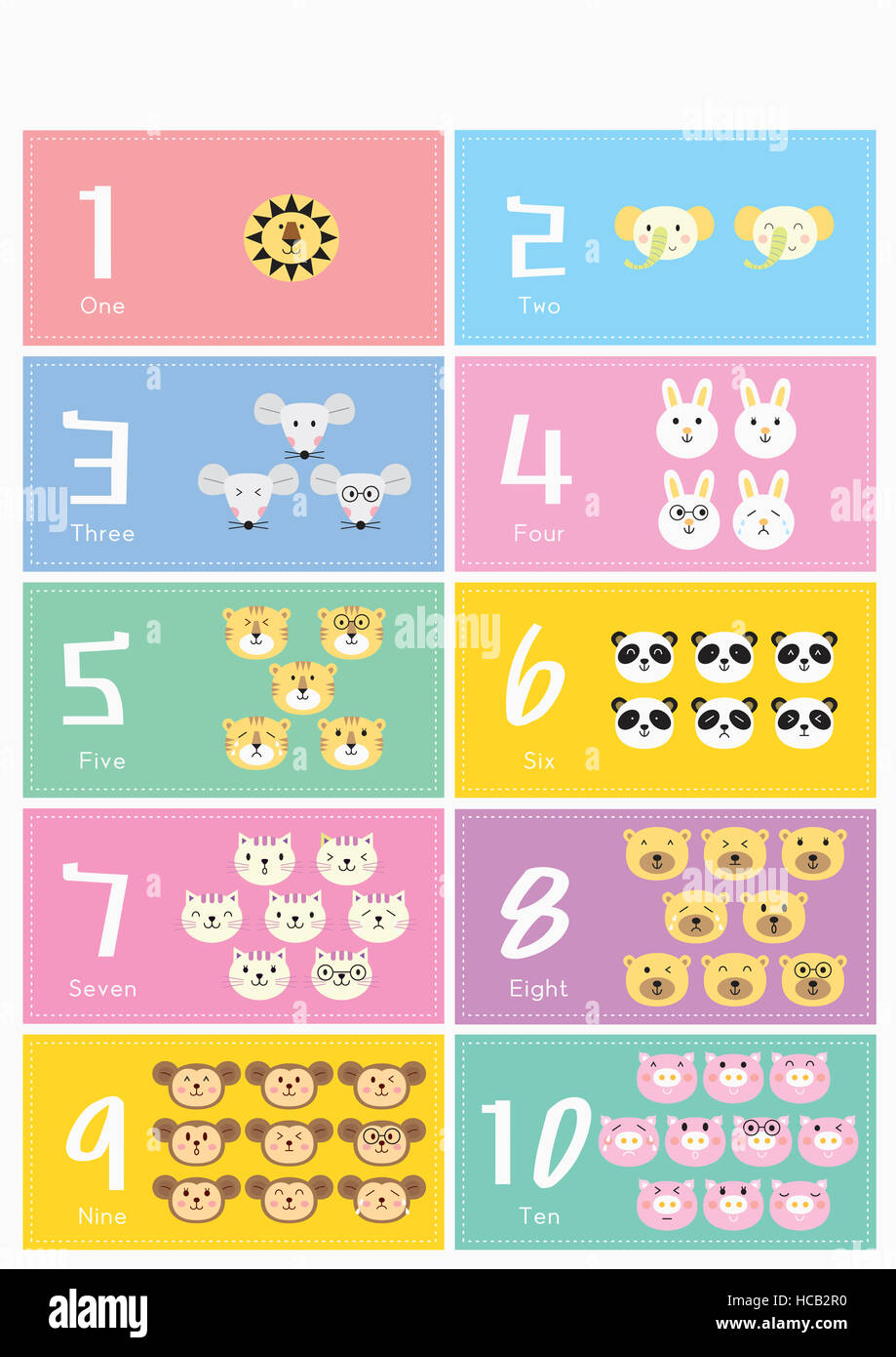 Educational poster with numbers and drawings of various animals Stock ...