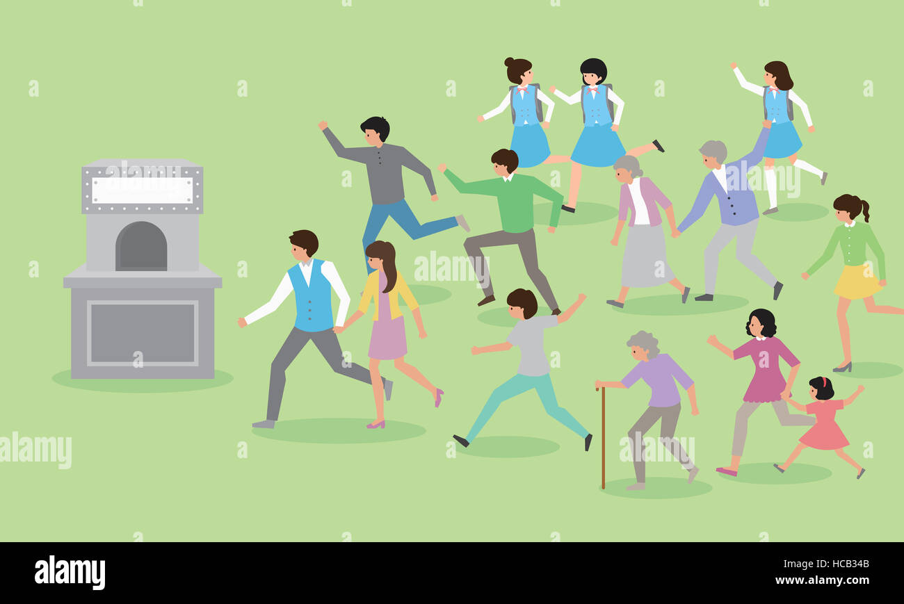 Various people running towards ticket office Stock Photo - Alamy